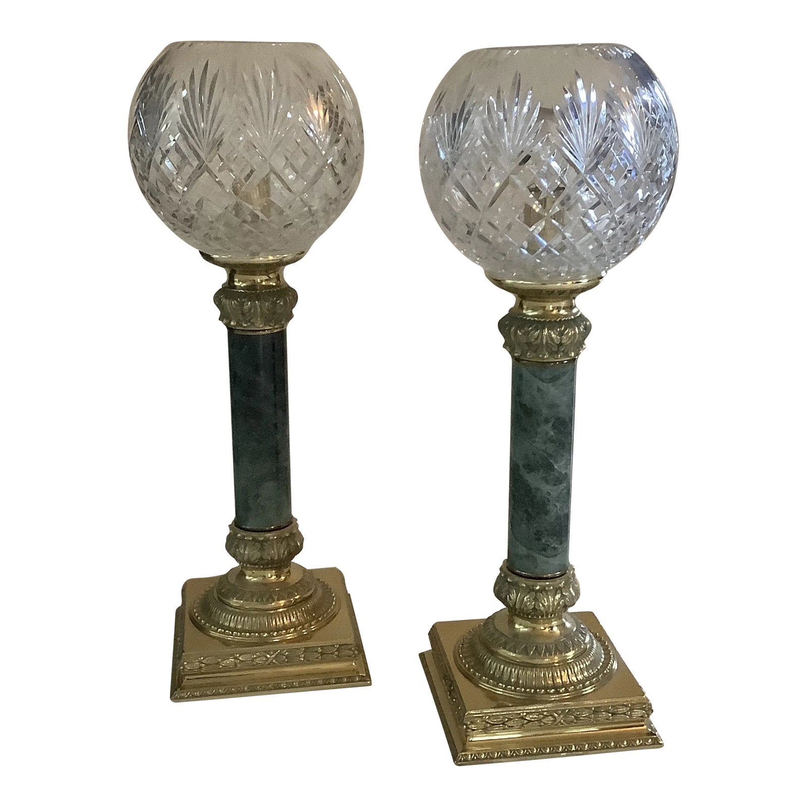 Pair of Mid 20th Century Art Deco Cut Crystal Globe Brass Torch Lamps ...