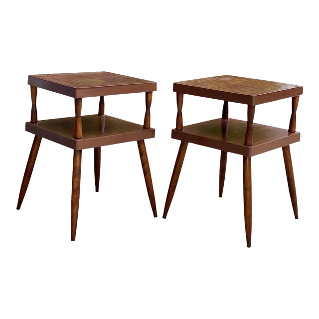 Mid-Century Atomic Walnut Sculptural Tiered End Tables - a Pair | Chairish