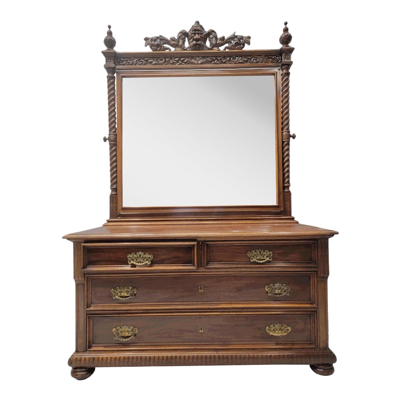 Antique Neoclassical Carved Northwind Face Barley-Twist Beveled ...