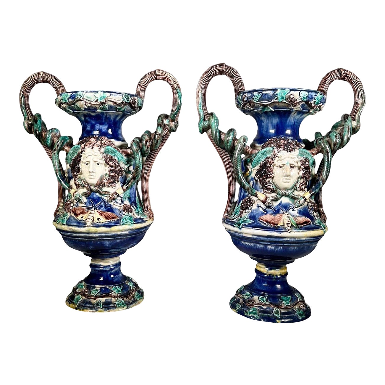19th Century Majolica Palissy Vases - A Pair | Chairish