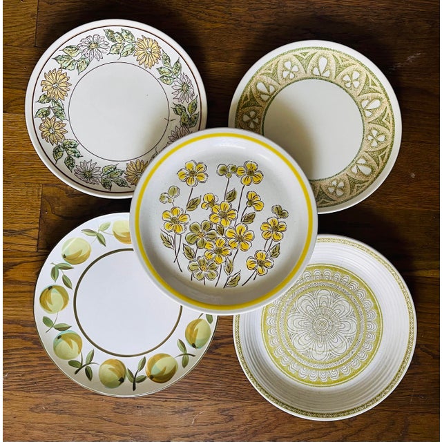 Mixed Set of 5 Vintage Green Stoneware Dinner Plates | Chairish