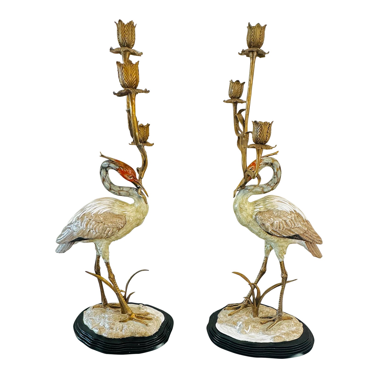 Extraordinary Pair of Enamel, Brass and Ceramic Crane Candle Holders ...