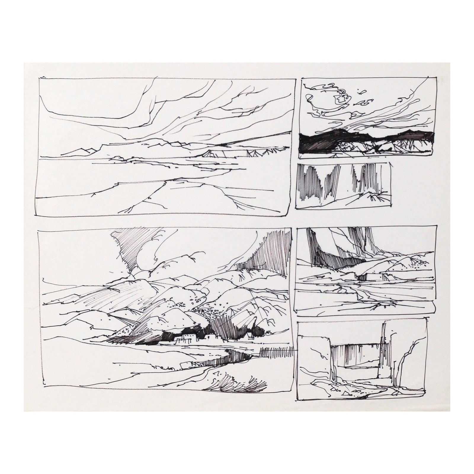 Six Panel Thumbnail Sketches of Desert and Canyon Landscapes in Ink on ...