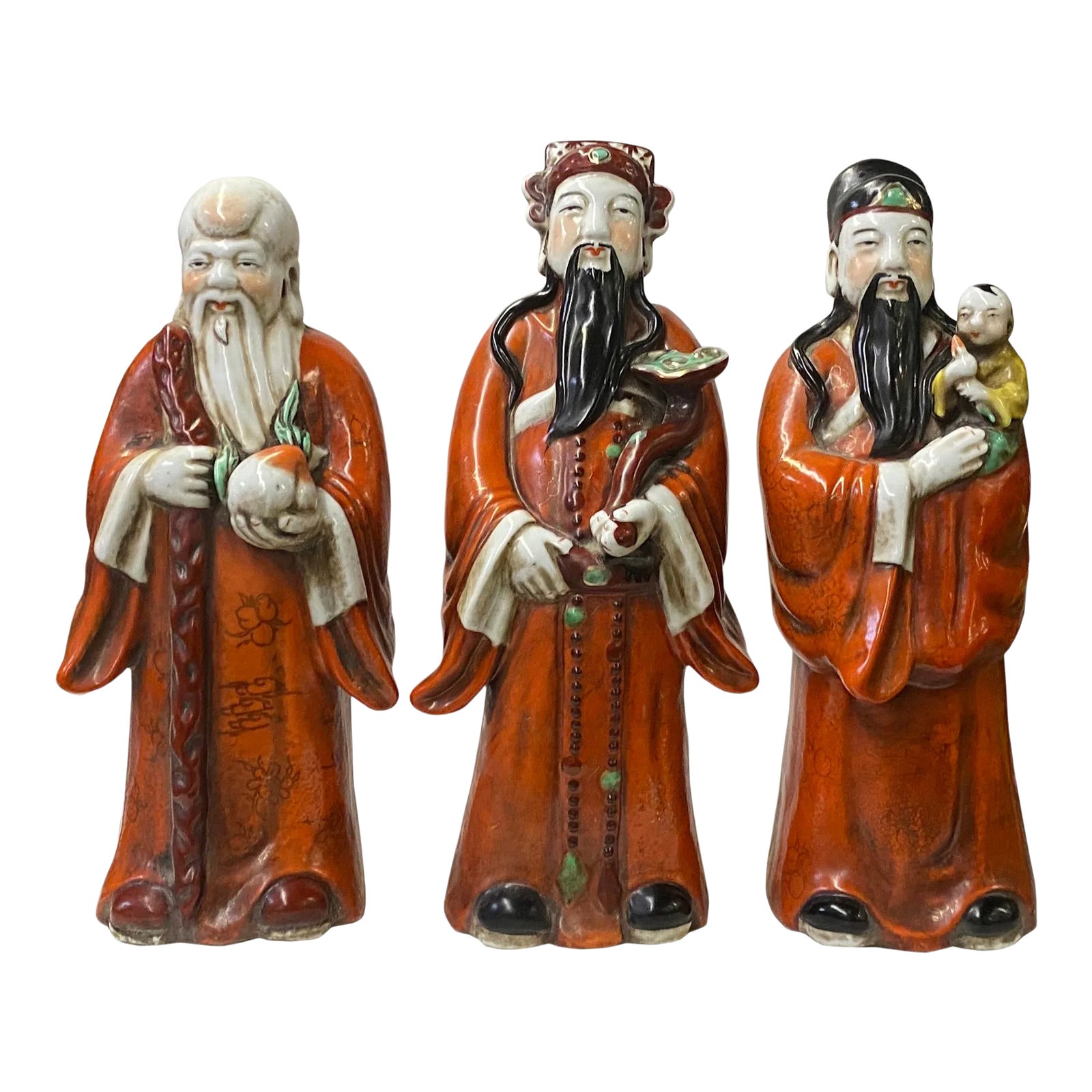 Chinese Distressed Orange Color Fenghsui Fok Lok Shao Figure Set | Chairish