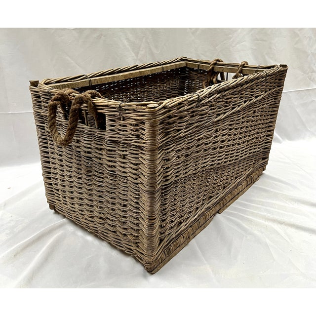 Mid 20th Century Vintage Belgian Woven Wicker Basket Crate With Rope ...