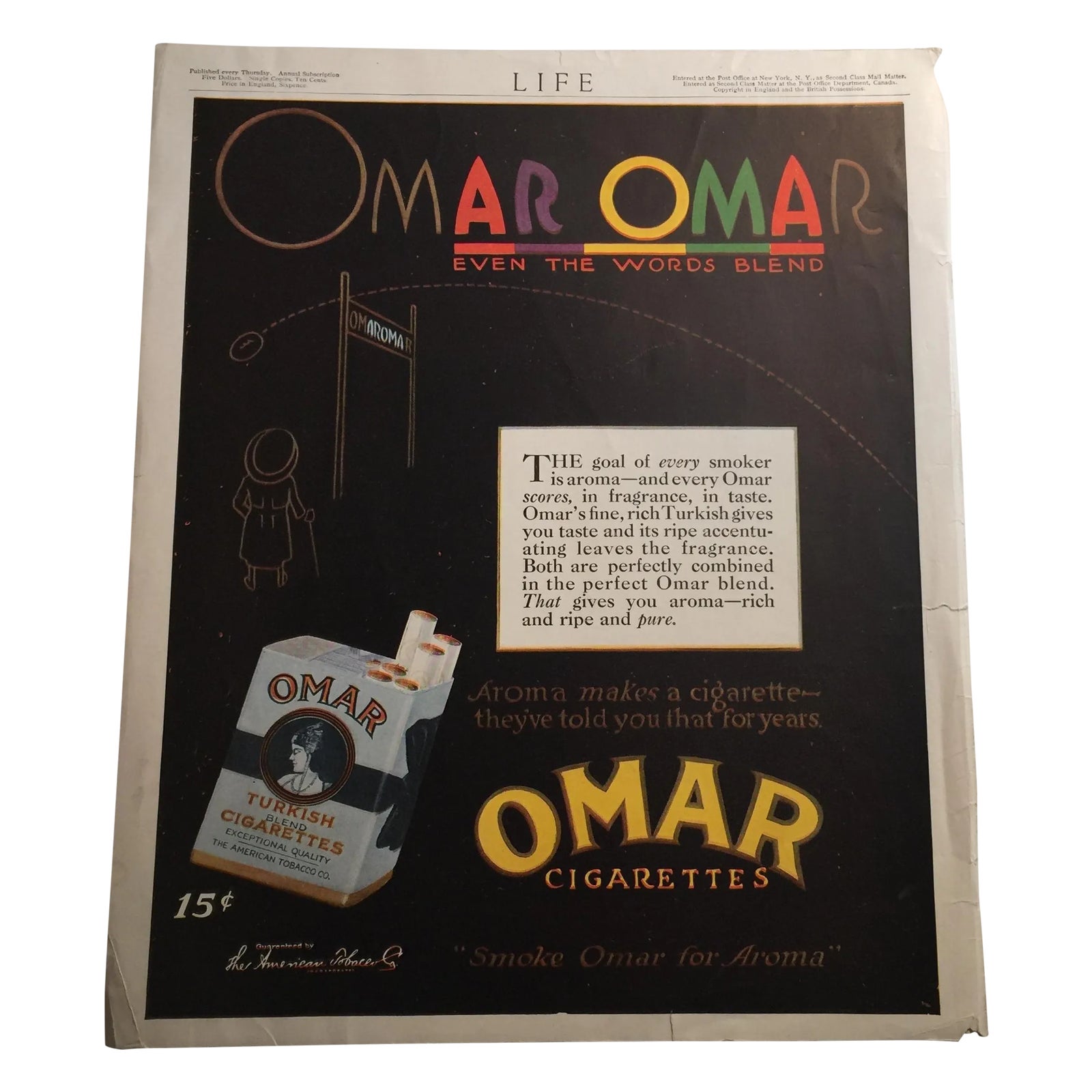 Omar Omar Cigarettes Ad Life Magazine 1917 | Chairish