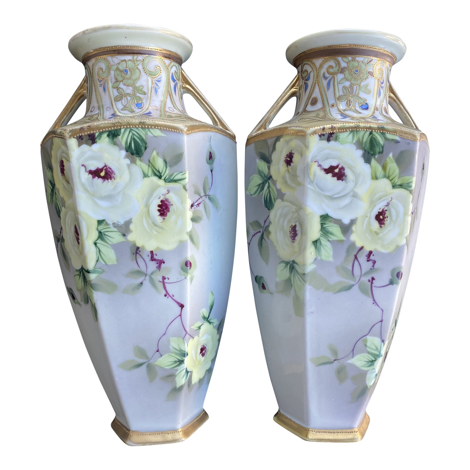 Antique Hand-Painted Nippon Yellow Rose Vases, Ca. 1914 - 1921 - a Pair ...
