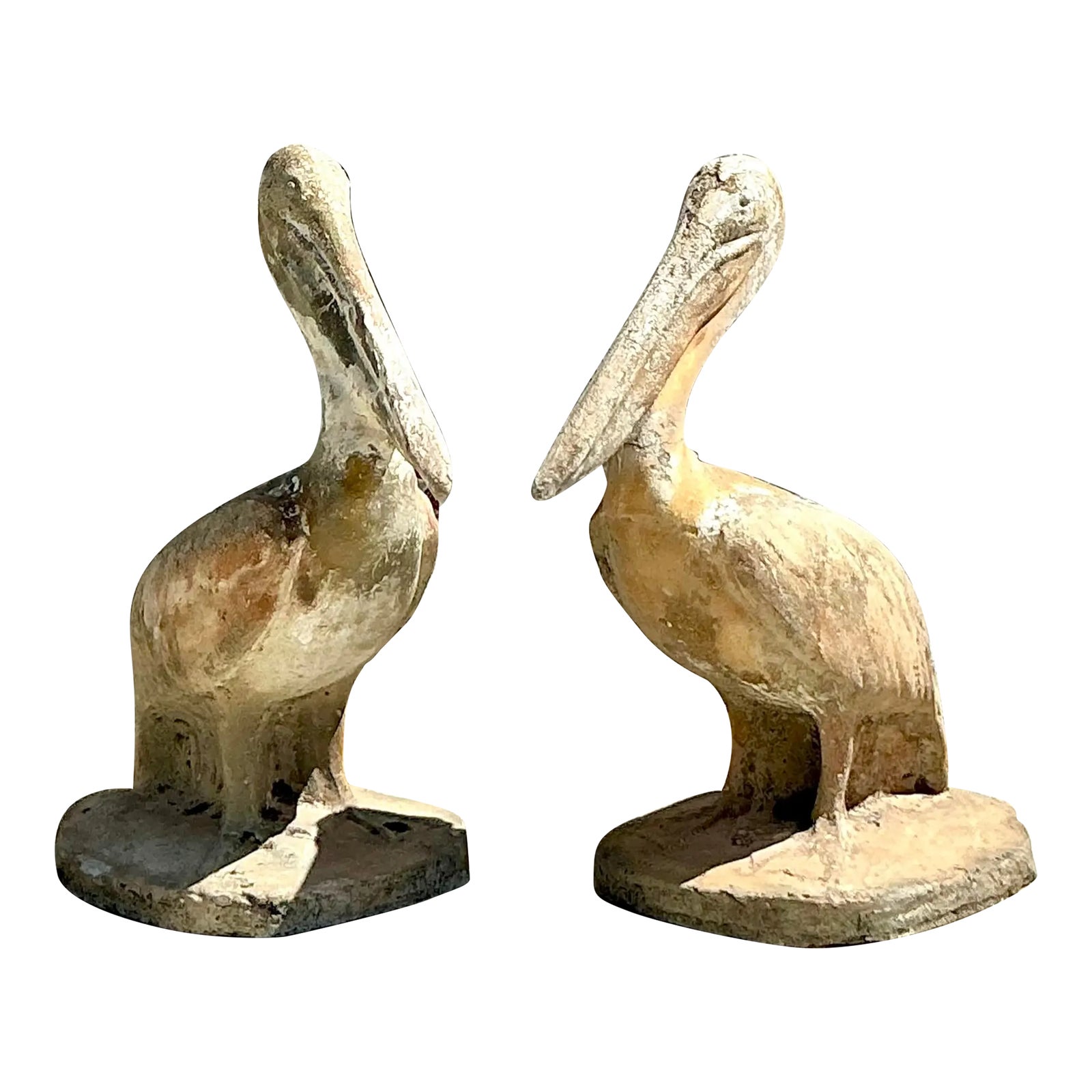 Vintage Boho Patinated Cast Stone Pelicans - A Pair | Chairish