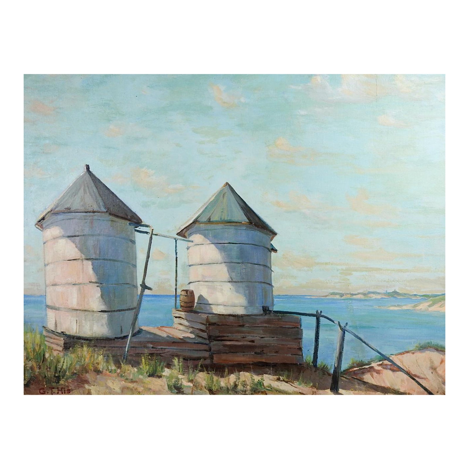 Vintage Impressionist Coastal Water Towers Painting | Chairish