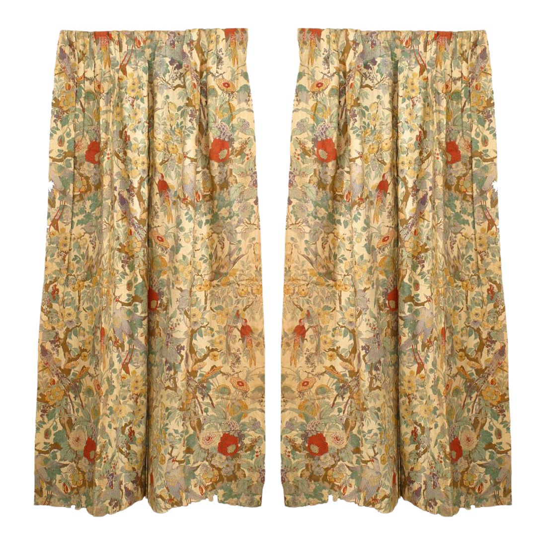Floral and Bird Linen Drapes | Chairish