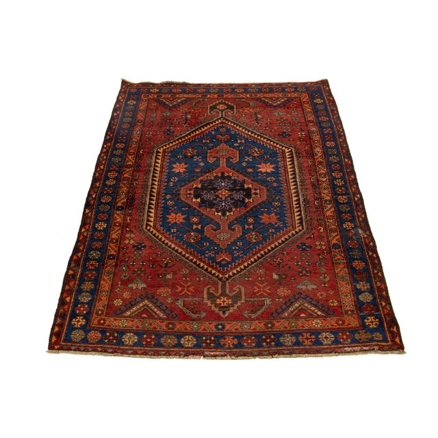 Handmade Vintage Designed Hamadan Wool Rug in Blue and Red | Chairish