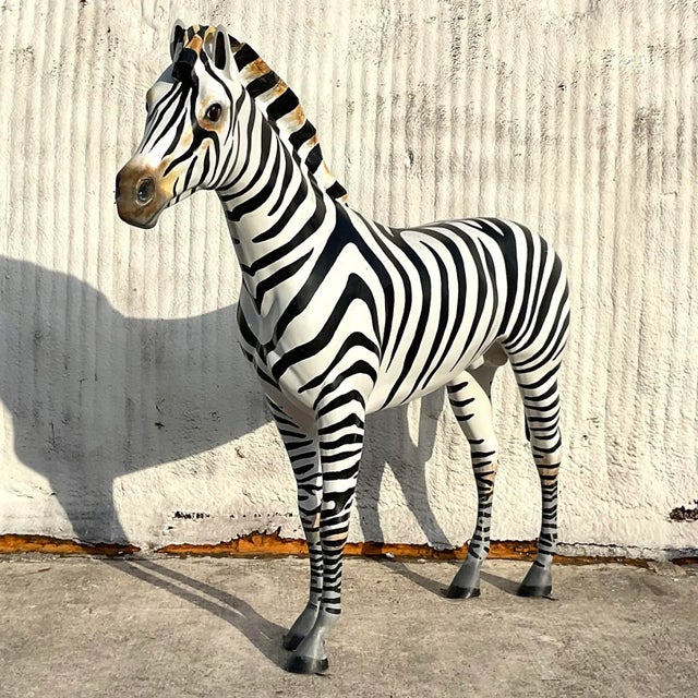 Vintage Boho Monumental Fiberglass Hand Painted Zebra Sculpture | Chairish