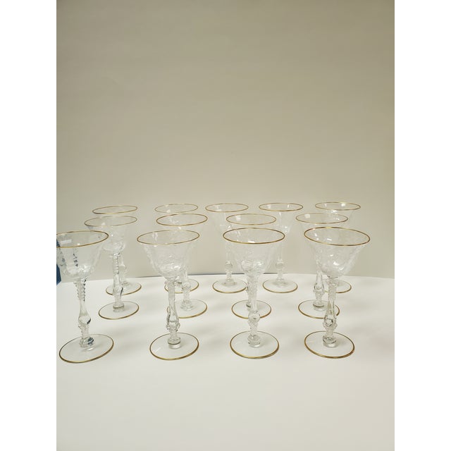 1950s Cambridge Crystal Wildflower Liquor/Cocktail Stemware with Gold ...