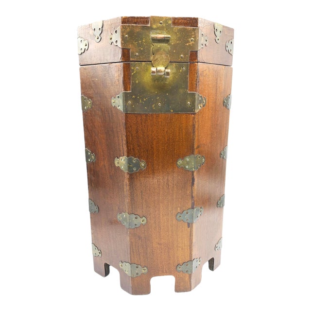 Mid-Century Tall Octagonal Wooden Box With Brass Hardware | Chairish