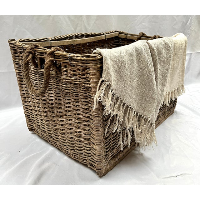 Mid 20th Century Vintage Belgian Woven Wicker Basket Crate With Rope ...