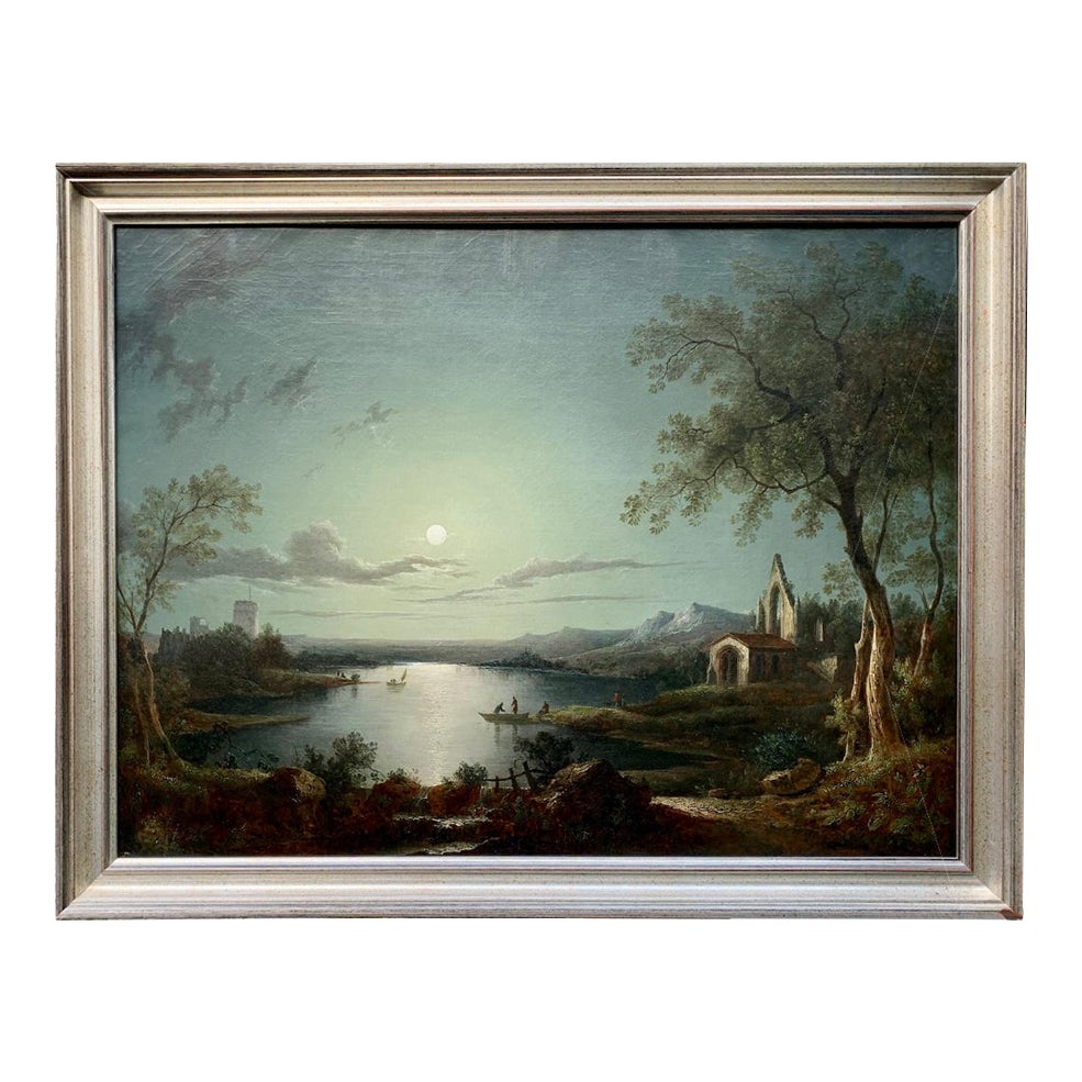 Late 18th Century Antique English Moonlight Over a Lake and Church ...