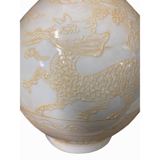 Chinese Off White Porcelain Dimensional Kirin Flower Round Shape Vase ...
