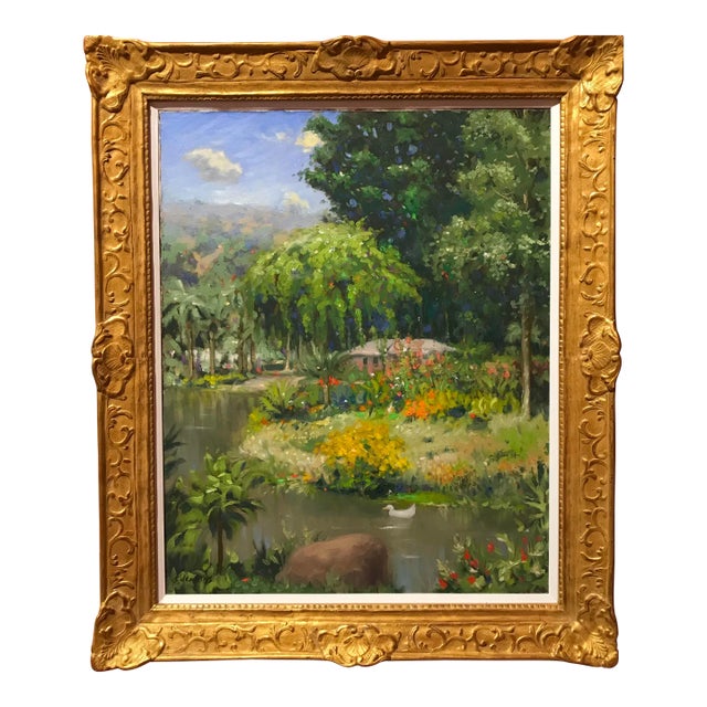 1980s Impressionist Style Tropical Garden Landscape, Oil Painting on ...