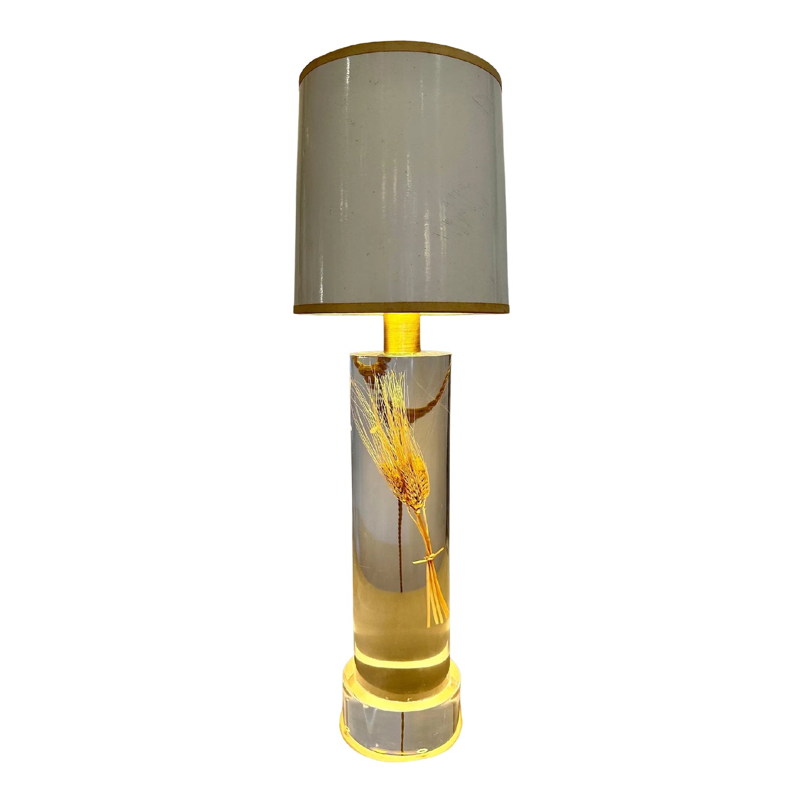 French Floating Wheat Stalk in Acrylic Cylinder Table Lamp | Chairish