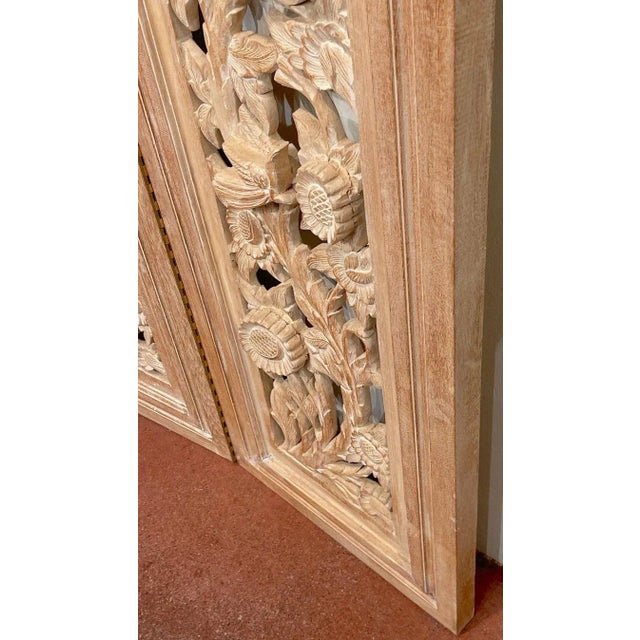 Three-Panel Carved Bleached Hardwood Bird Floral Screen, Style of James ...