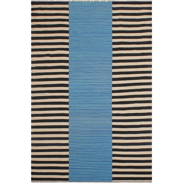 Boho Chic Kilim Blue Beige Wool Rug - 6'7" X 9'10" | Chairish