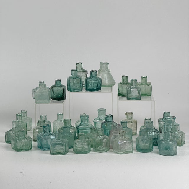 Collection of 40 Antique 19th Century English Aqua Blue Glass Ink ...