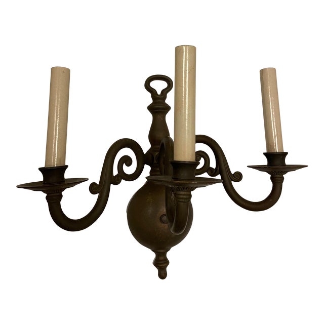 1960s Brass 3 Arm Colonial Wall Sconce | Chairish
