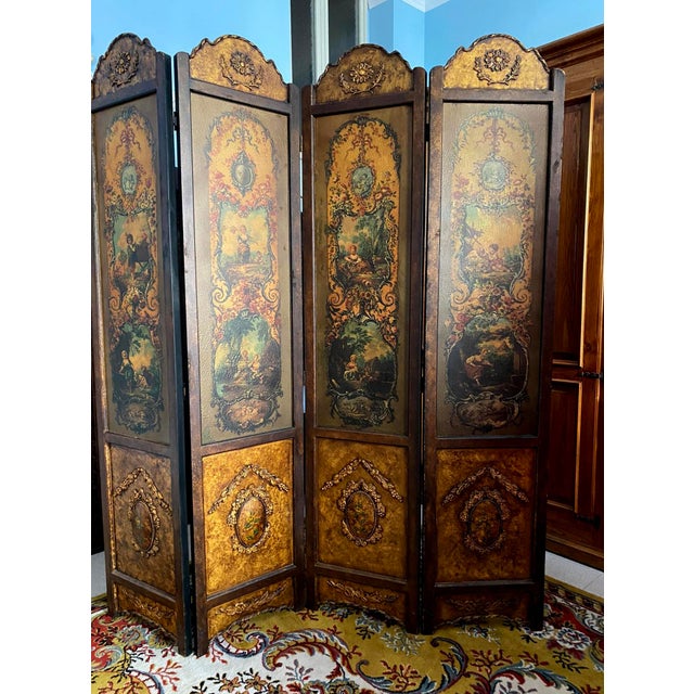 1900s Ancient Folding Wooden Screen Painted With Bucolic Scenes | Chairish