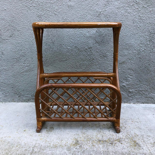 Mid 20th Century Boho Chic Cane & Rattan Side Table W/Magazine Rack ...
