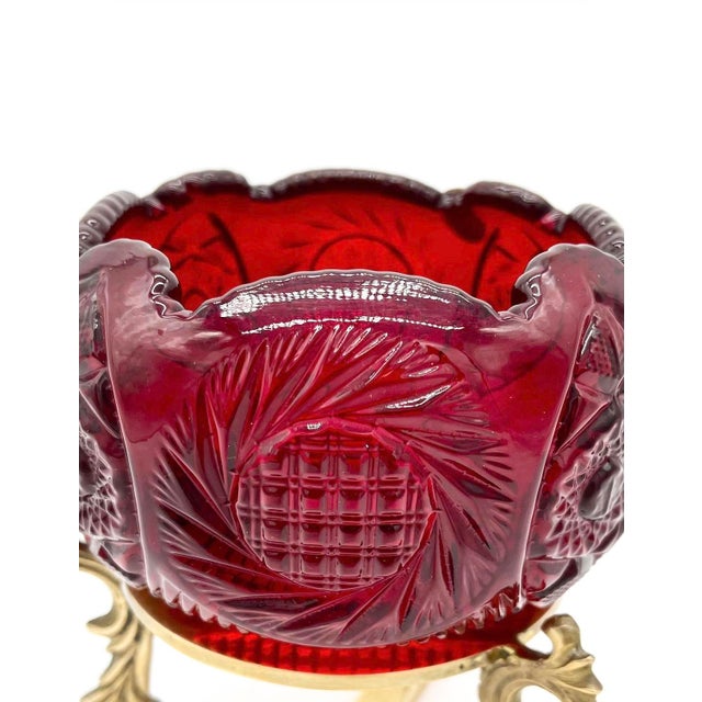 Vintage Fenton Red Glass Bowl With Brass Stand | Chairish