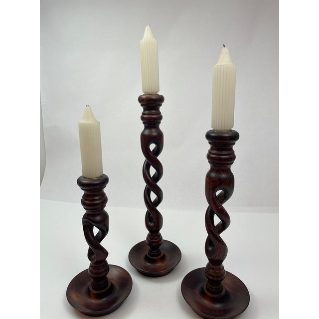 Open Barley Twist Wooden English Candlesticks Set of 3 | Chairish