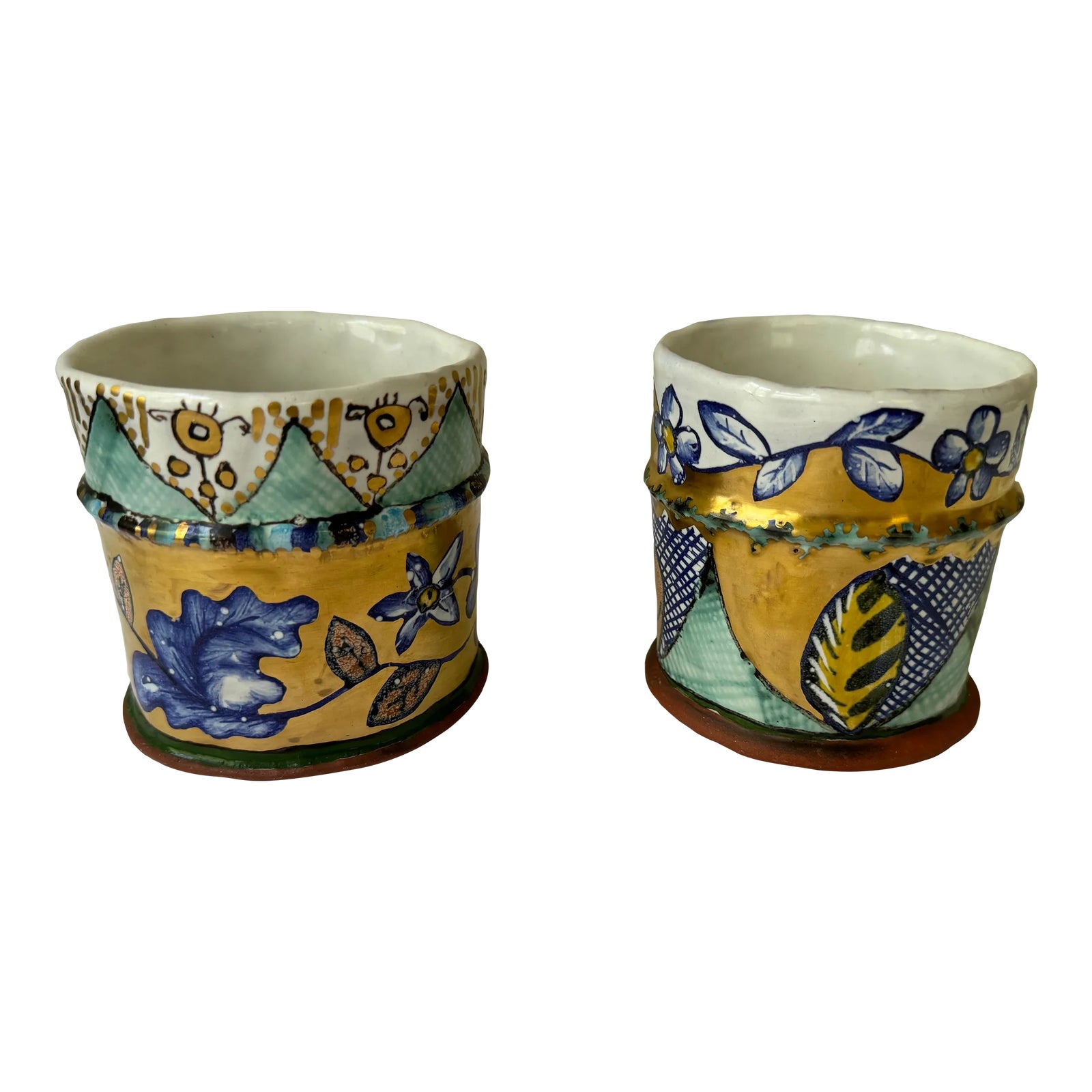 Pair of Late 20th Century Hand Painted Signed Pottery Small Flower Pots ...