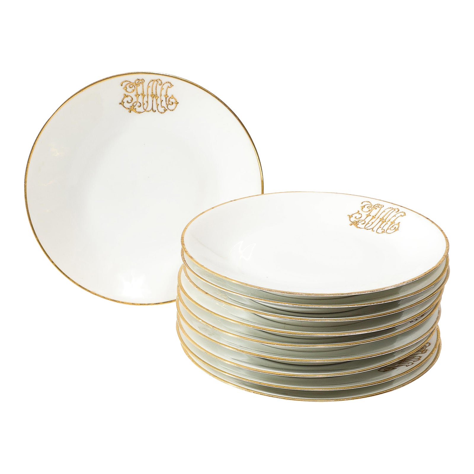 10 Edwardian Monogram Gilt Porcelain Luncheon Plates Signed Delinieres ...