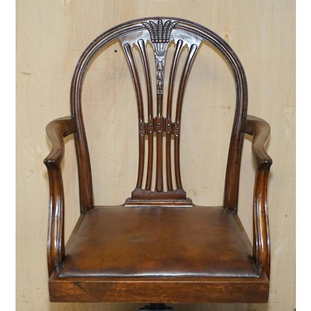 Antique George Hepplewhite Wheatgrass Captains Chair in Brown Leather, 1880 | Chairish