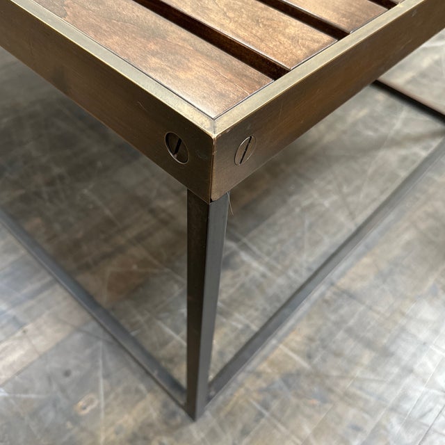 Custom Design Wood Slatted Coffee Table + Brass Edges | Chairish