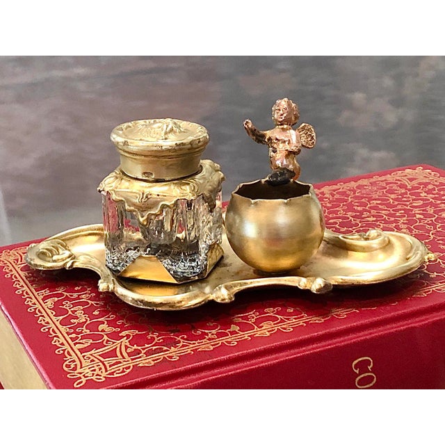 Antique Brass Ink Well With Cherubs and Crystal Lidded Jar | Chairish