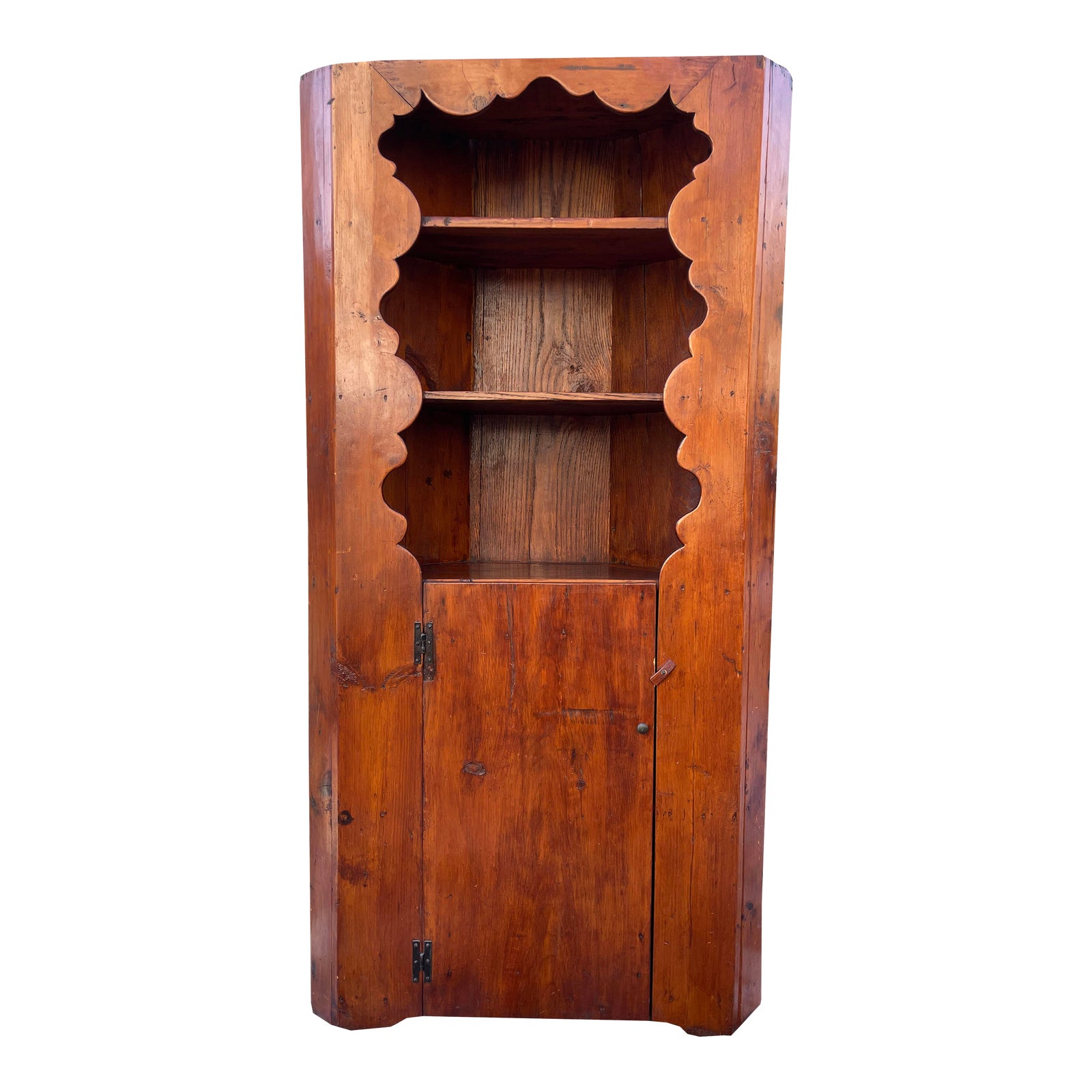 Early 1800s Pine Corner Cabinet With Scalloped Front, H-Hinges, and ...