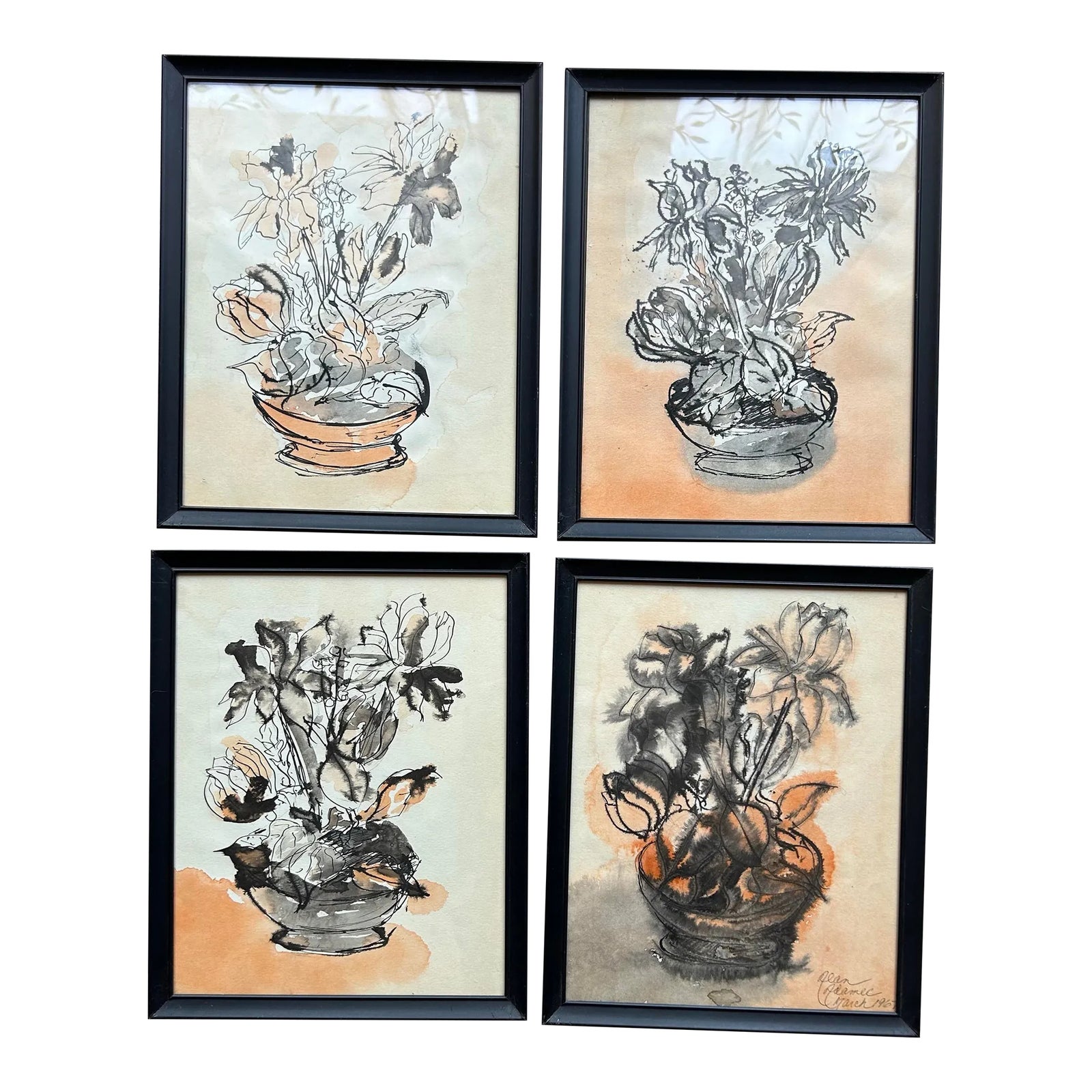1967 Impressionist Style Set of 4 Pen & Ink Watercolors of Flowers ...