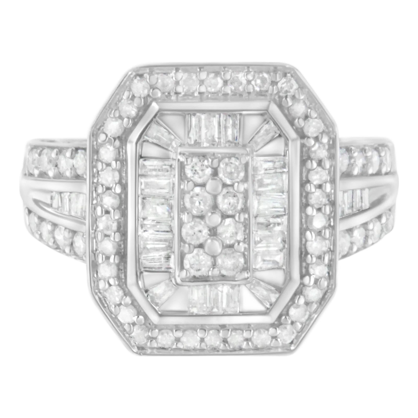.925 Sterling Silver Round and Baguette Diamond Cathedral Ring (0.75 ...