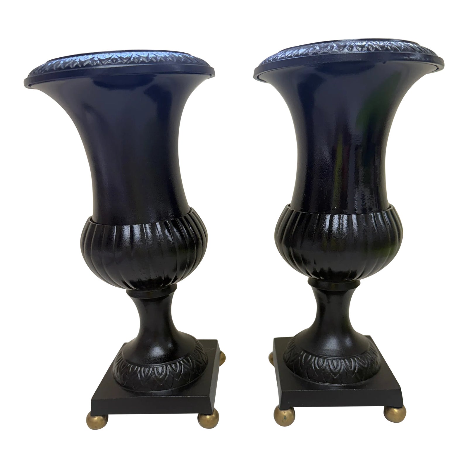 Small Vintage Iron Urns With Gold Ball Feet, a Pair | Chairish