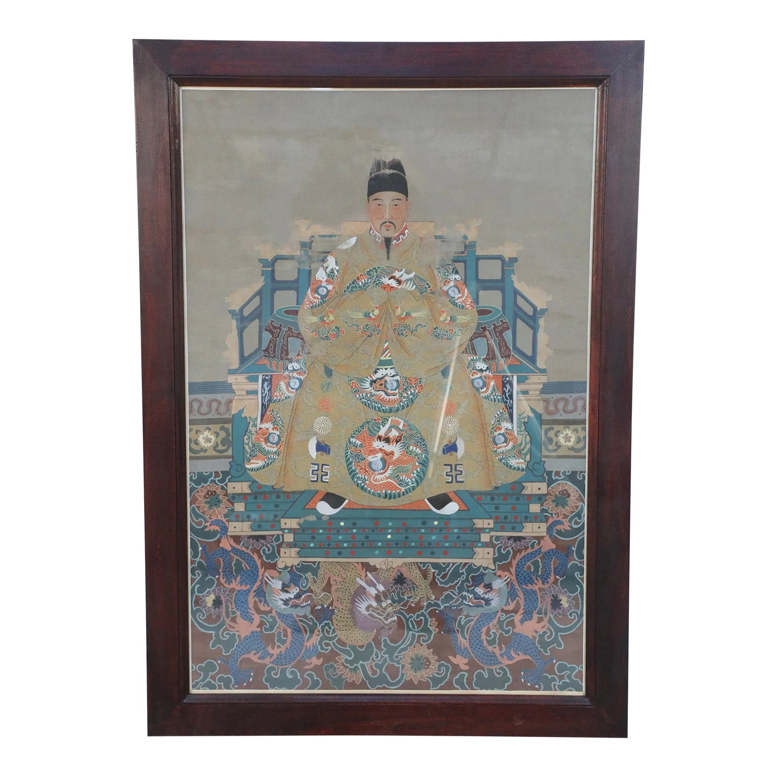 Framed Chinese Ancestor Portrait Depicting a Man in Golden Robes | Chairish
