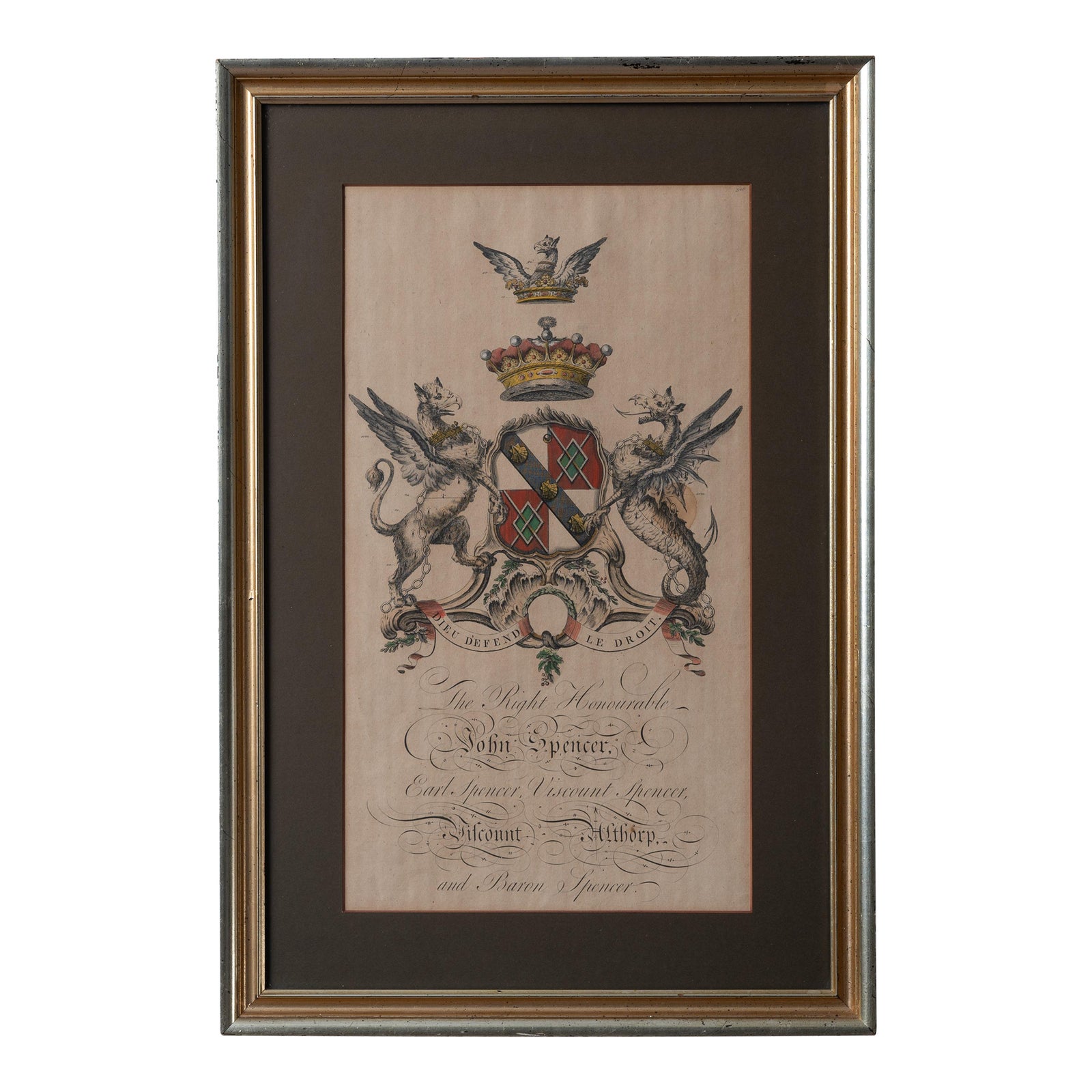 John Spencer Heraldic Coat of Arms Engraving, 18th Century | Chairish