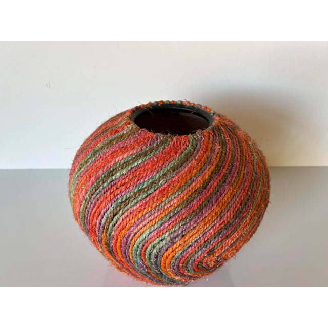 80's Vintage Colorful Woven Jute Macrame Fiber Art Vase | Chairish