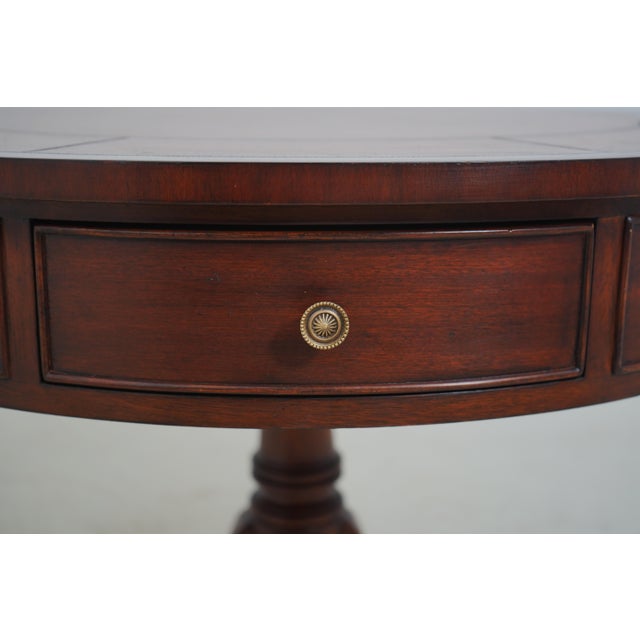 Ethan Allen Round Leather Top Drum Table | Chairish