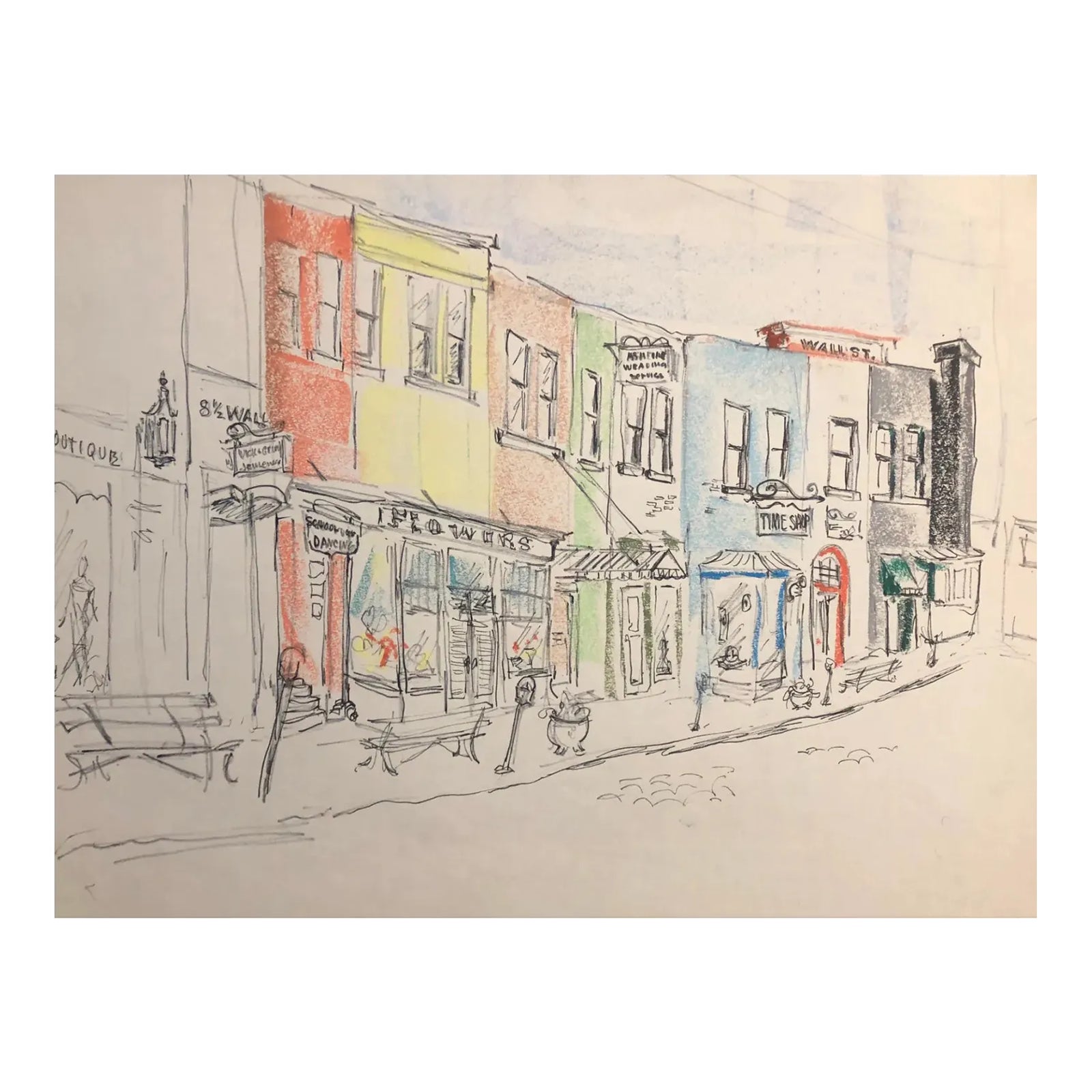 1960s Asheville Street Scene Drawing | Chairish