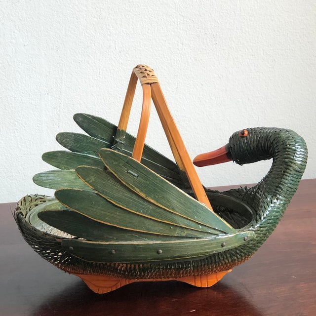 Mid-20th Century Chinese Sculptural Black Swan Basket | Chairish