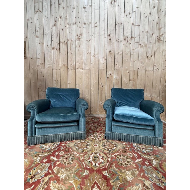 Napoleon III Style Club Chairs in Blue-Grey Velvet, 19th Century, Set ...