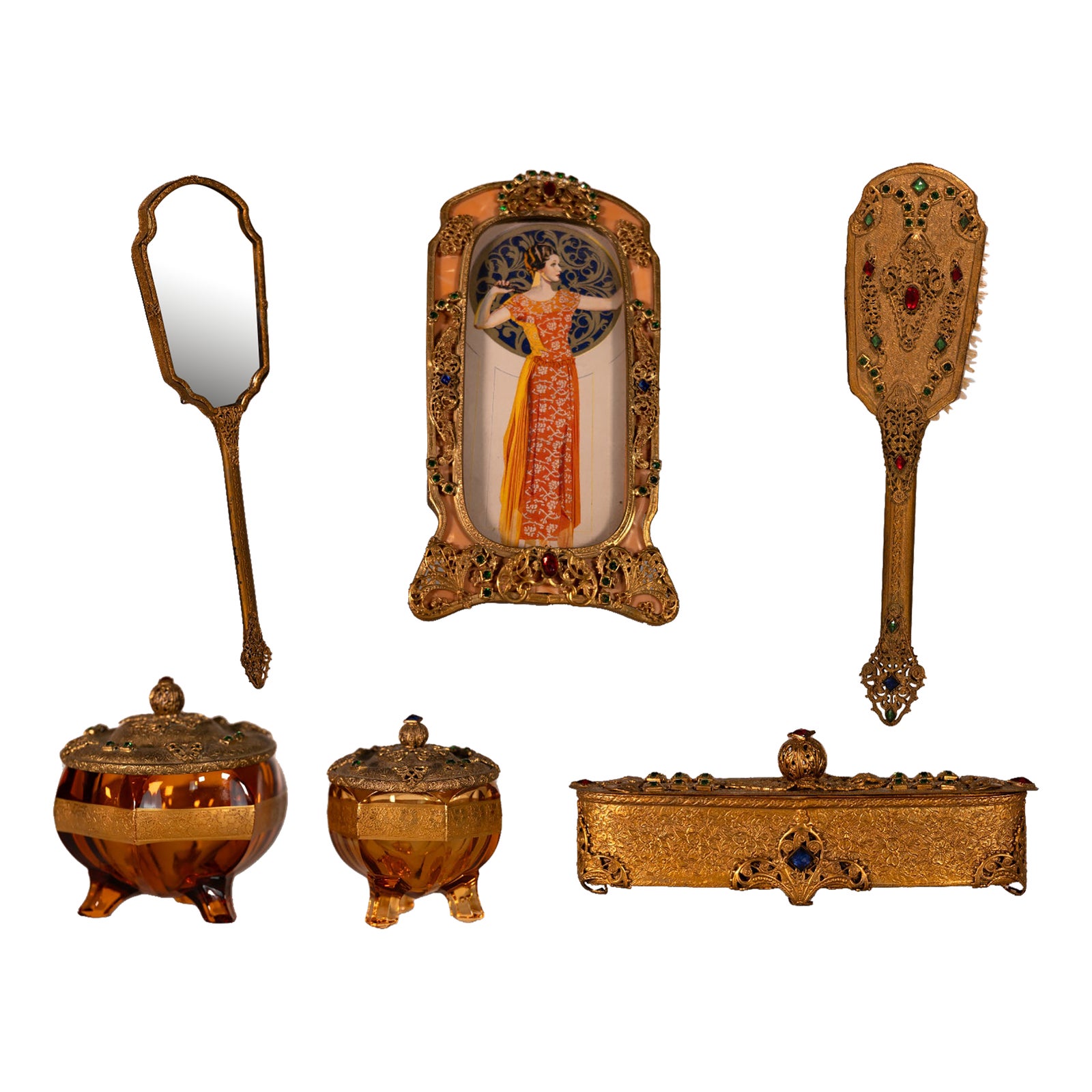 Antique Art Nouveau Deco Vanity Makeup Set Ornate Bronze Inlaid Colored ...