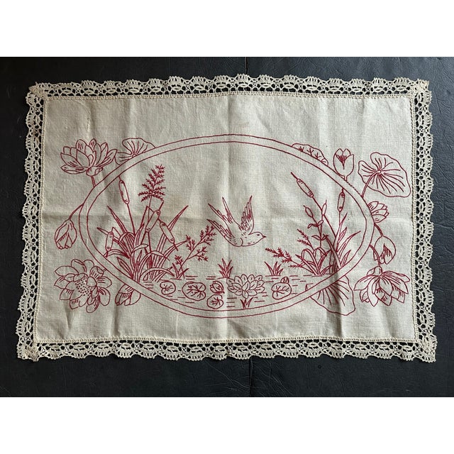 Antique Red Work Embroidery Panel | Chairish