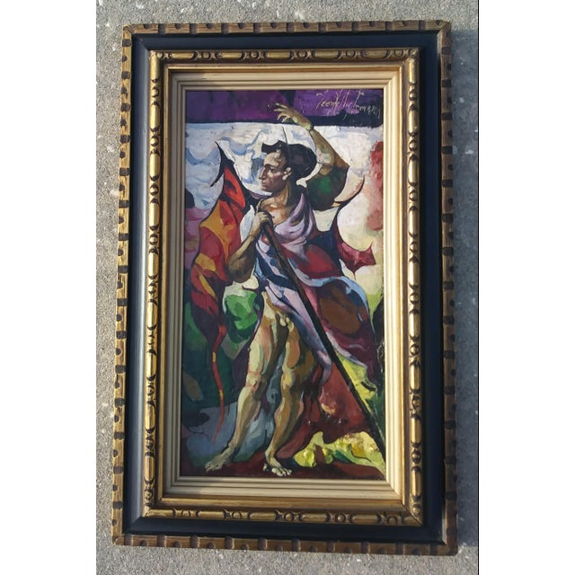 1960s "Man With a Flag" Leon Kelly Oil Painting on Masonite | Chairish